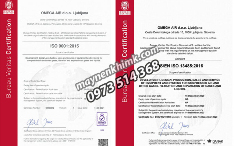 Bộ Chứng Chỉ ISO của Omega Air - Công ty CP Máy và Thiết bị Meiko Việt Nam